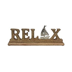 Beachcombers 15" Wood Relax Word Figure with Metal Boat Coastal Beach House Decor Decoration