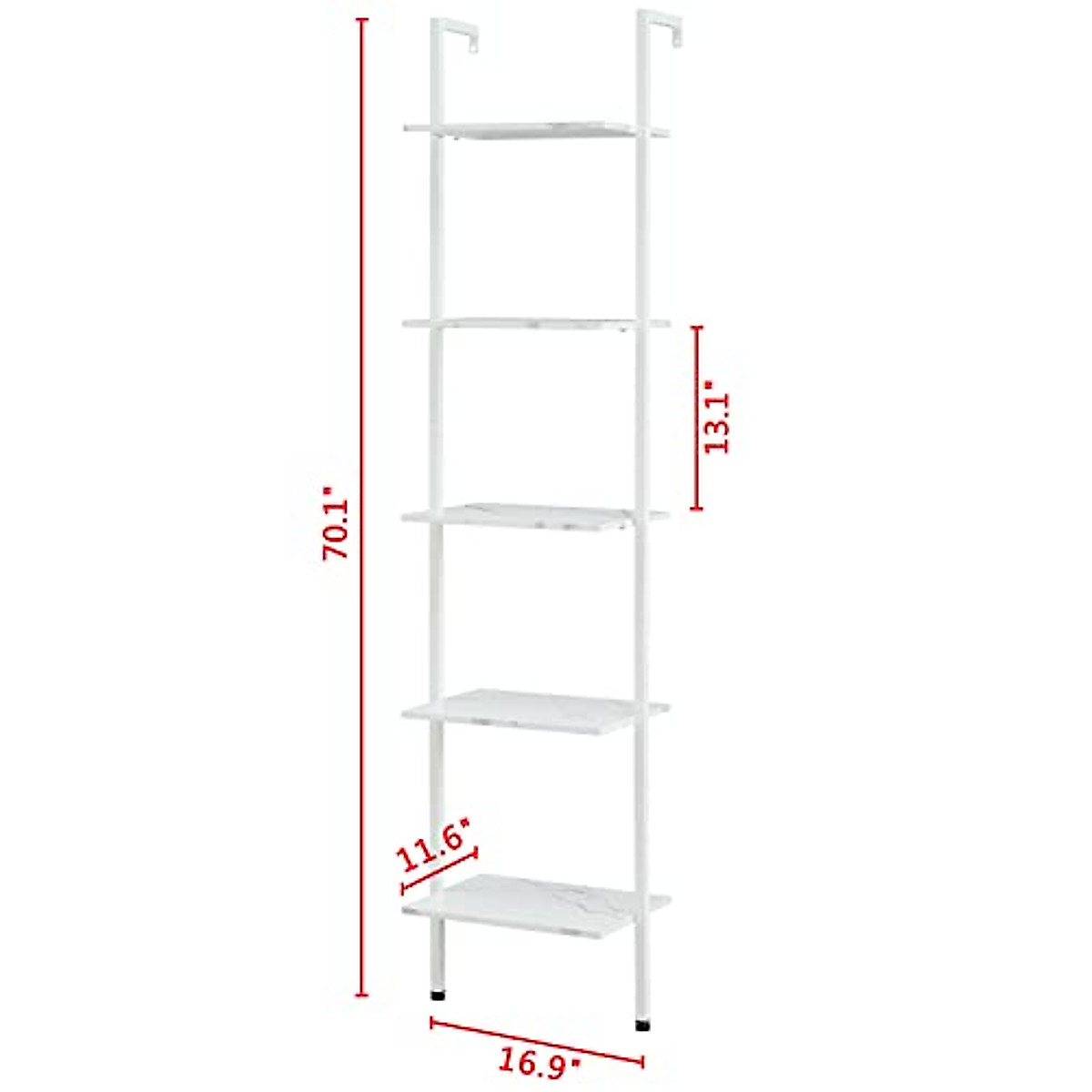 Tajsoon Industrial Bookcase, Ladder Shelf, 5-Tier Wood Wall Mounted Bookshelf with Stable Metal Frame, Storage Shelves for Bedroom, Home Office, Collection, White