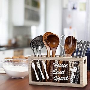 Wooden Silverware Holder , 4 Compartments Kitchen Utensil Holder for Countertop,Rustic Spoon Holder Kitchen Tools Storage Caddy Decoroon Holder Kitchen Tools Storage Caddy Decor,11.6”W x 3.2”D x 6”H