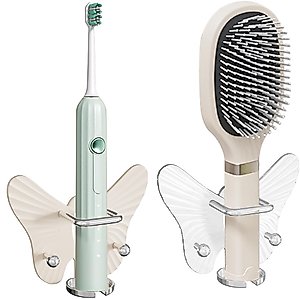 WAYUTO 2Pcs Butterfly Hairbrush Holders Punch Free Comb Holder Wall-Mount Comb Display Rack Rubber Band Hand Mirror Organizer Plastic Round Hair Brush Storage Holder for Salon Bathroom Home
