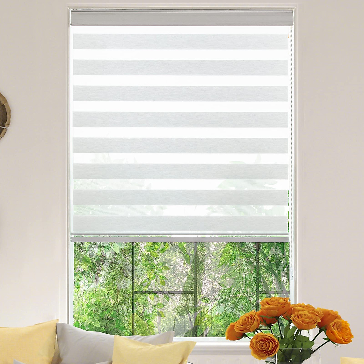 KALYSIE Zebra Roller Window Blinds,Custom Cut to Size,Roller Blinds Dual Layer Roller Shade Blinds, White,Fixed 64 InchesHigh,51 Inches Width