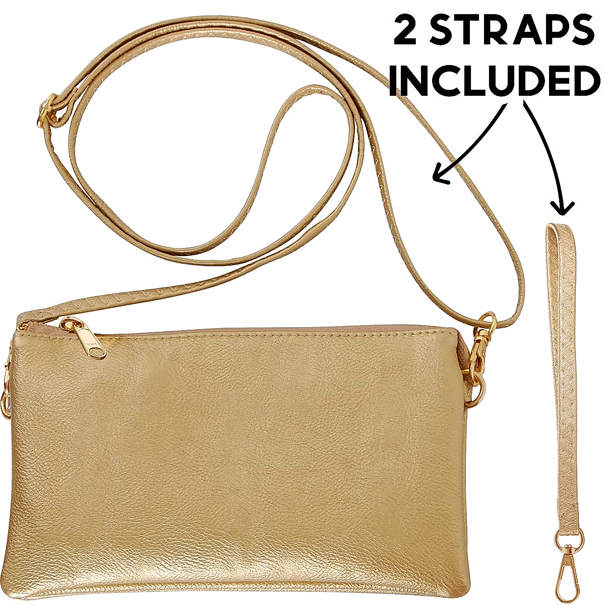 Humble Chic NY Gold Crossbody Purse - Small Gold Wristlet Purse, Crossbody Clutch Wallet for Women, Vegan Leather Clutch Wristlets for Women, Dressy Evening Handbags, Small Vegan Leather Bag