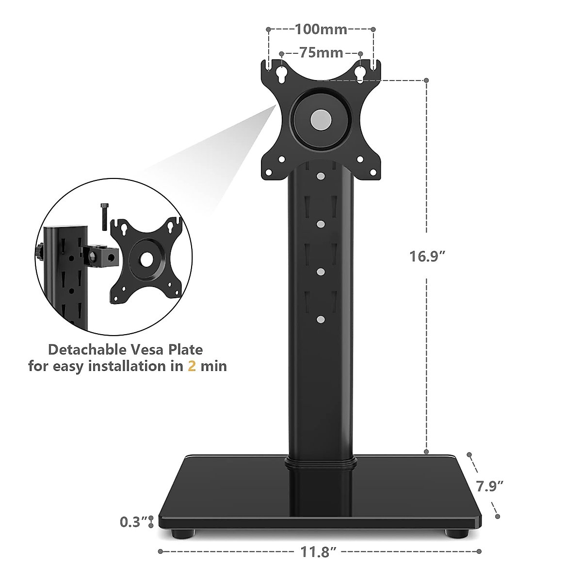 Single Computer Monitor Stand for 13-32 inch Screen, Height Adjustable Monitor Stand, Free Standing Monitor Desk Stand with Swivel, Tilt and Rotation VESA Mount, Black