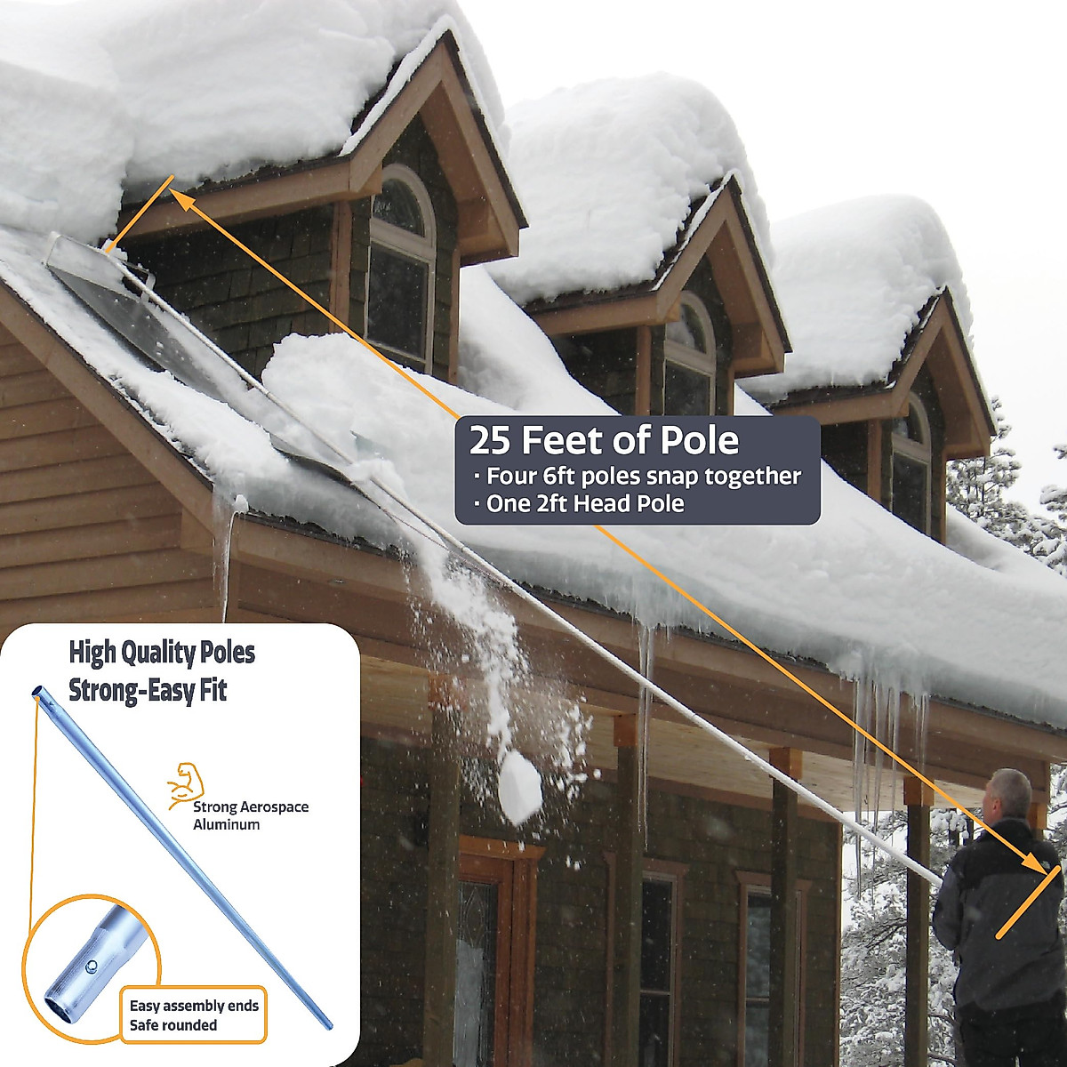 ROOF RAZOR Roof Rake | Heavy-duty-25ft of Pole | Fast-Easy | High Volume Roof Snow Removal | Safe on Roof Wheels | 10ft Rugged Slide | MinnSNOWta Snow Rake | Roof Shovel | US Customer Support-USA Made
