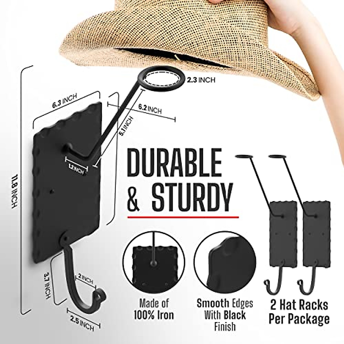 A.J. Boone Cowboy Hat Holder – Set of 2 Decorative, Wall-Mounted Hat Hooks – Heavy-Duty, Handcrafted, Iron Cowboy Hat Rack and Coat Rack for Storage and Display – Rustic Western and Farmhouse Décor