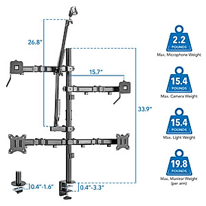 Mount-It! All in One Live Streaming Equipment | 5 Arm Streaming Desk Mount That Holds Dual Monitors, Cameras and Ring Light with Mic | YouTube Setup for Recording and Facebook Live Equipment