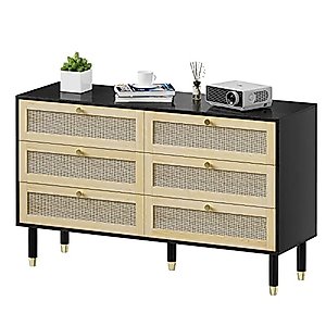 VINGLI Rattan Dresser 6 Drawers for Bedroom Black Boho Wicker Drawer Chest Mid Century Modern Cane Bedroom Furniture, 55" (W) x 17.8" (D) x 33" (H)