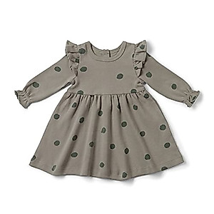 MakeMake Organics GOTS Organic Cotton Dress Girls Twirly Ruffle Dress Long Sleeve Fall Party Holiday Dinner Toddler Girls (Olive Dots, 2-3T)