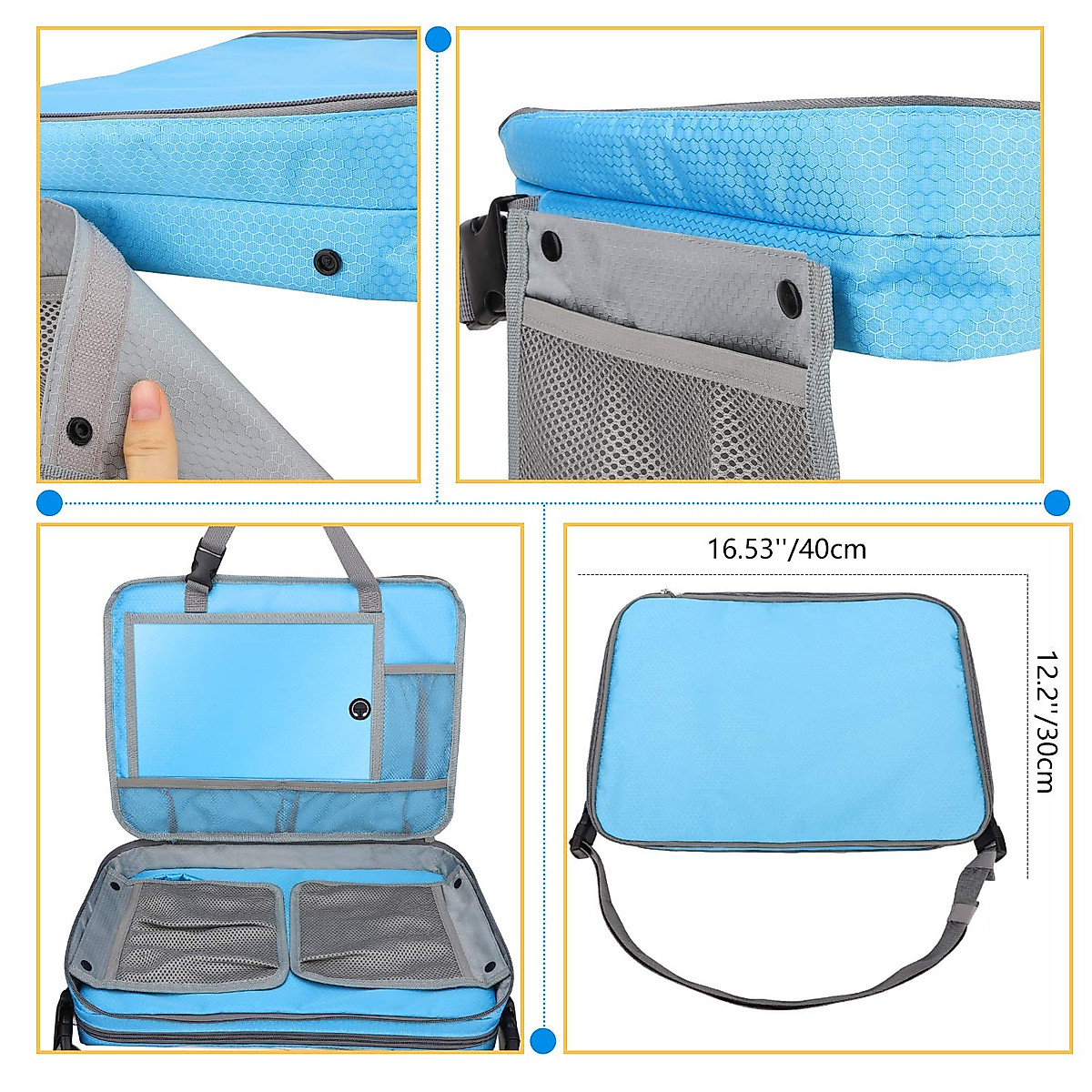 Zooawa Kids Travel Tray Car Seat Trays, Detachable 4 in 1 Toy Storage Organizers Bag iPad Kindle & Other Tablets Holder for Toddlers -Blue