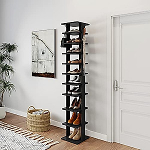 HOME BI 10 Tiers Vertical Shoe Rack, Tall Skinny Wooden Boot Shelf, Narrow Slim Shoe Tower, Free Standing Shoe Cabinet with Hooks for Entryway, Closets, Corner, Wall, Front Door, Outdoor, Black