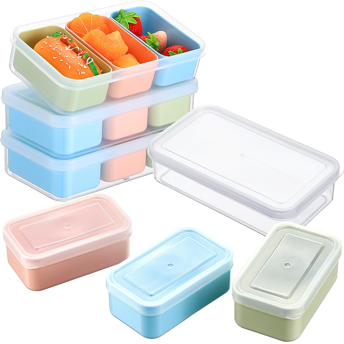 SiliFine 4 Set Snack Containers with 3 Removable Compartments Reusable Snack Box with Lids Stackable Meal Prep Containers for Fridge Charcuterie Candy Nuts Spice, Microwave Dishwasher Safe
