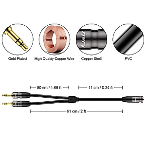 J&D 3.5 mm to 2X 3.5 mm Cable, Gold Plated Joint Copper Shell Heavy Duty 3.5mm 1/8 inch TRS Female to Dual 3.5 mm 1/8 inch TRS Male Y-Splitter Stereo Audio Adapter Cable for Headphone, 1.96 Feet