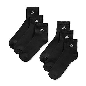 adidas 6 Pair Mens Quarter Crew Cushioned Socks Shoe Size 6-12 (Solid Black/White)