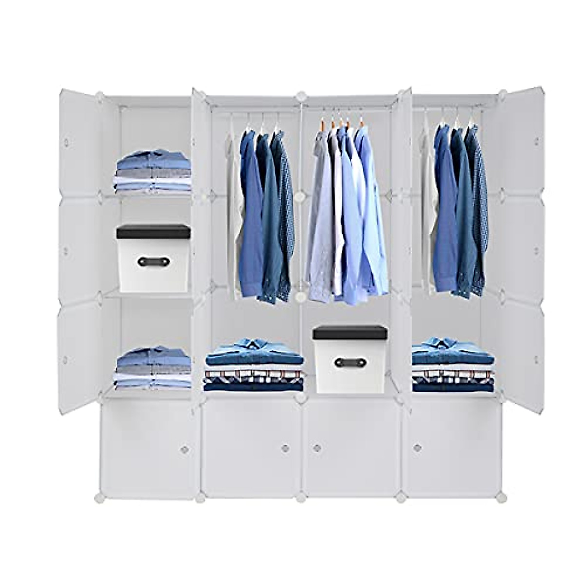 Customizable Modular Closet Organizer Stackable Shelves, Hanging Rod, and Multifunctional Design with White Doors