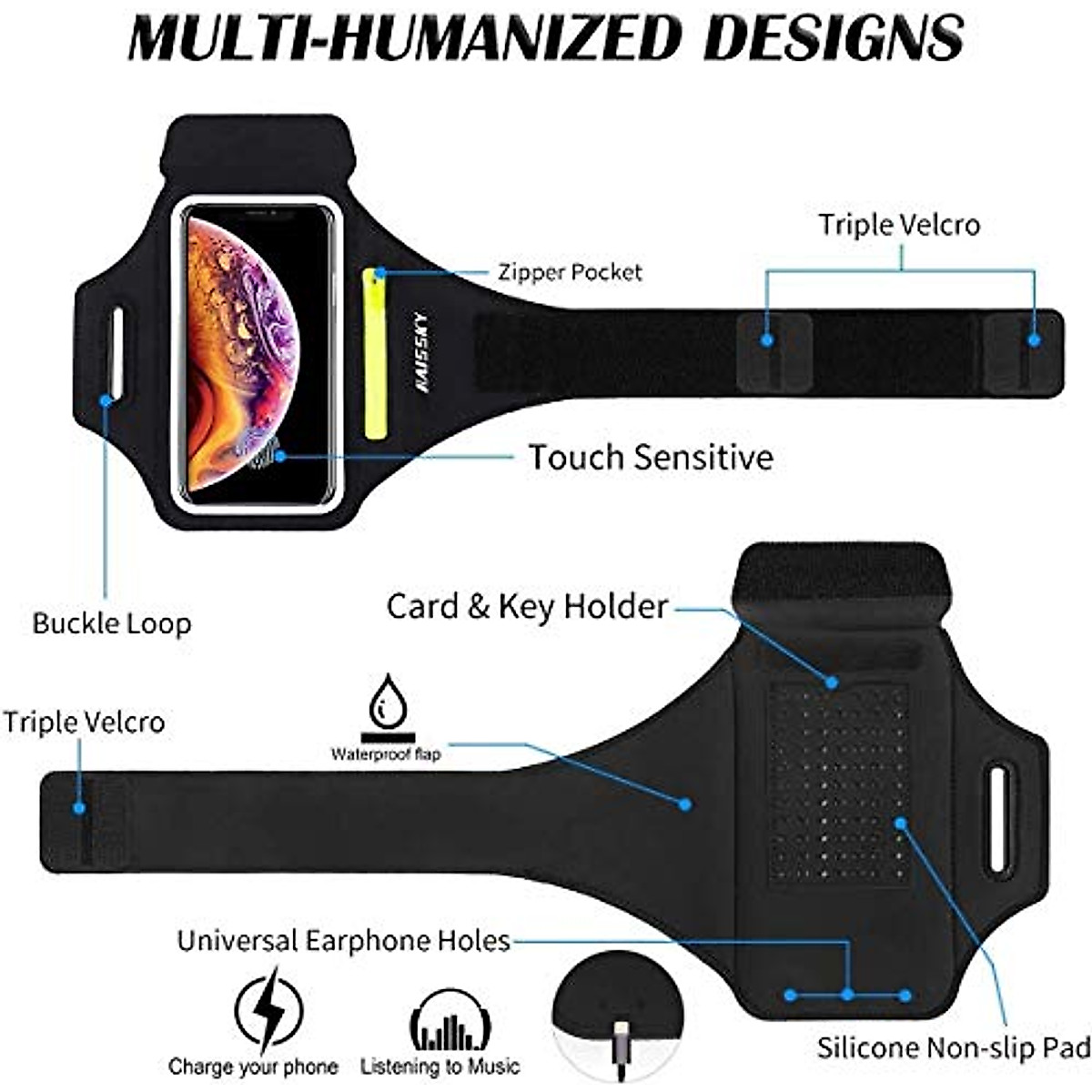 Cell Phone Running Armband with Airpods Zipper Pocket Armband Case Running Holder For iPhone 14/14 Pro Max/13/13 Pro/12 Pro Max/12 Pro /11 Pro Max,Galaxy S20 S10,Sweatproof Arm Band with Card/Key Bag