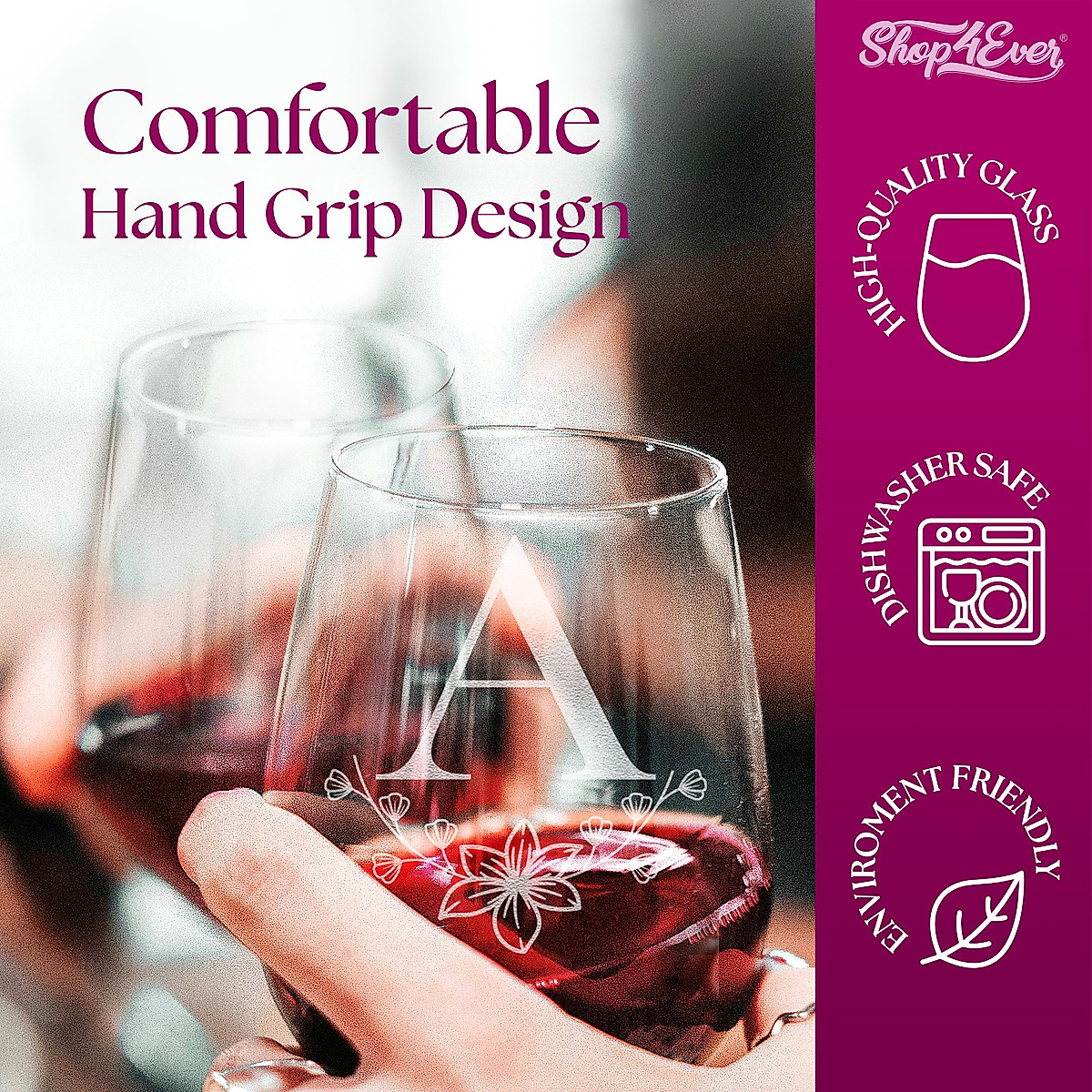 Floral Monogram Engraved Initial Letter Stemless Wine Glass 15 oz. Personalized Monogrammed Custom Gift (A)