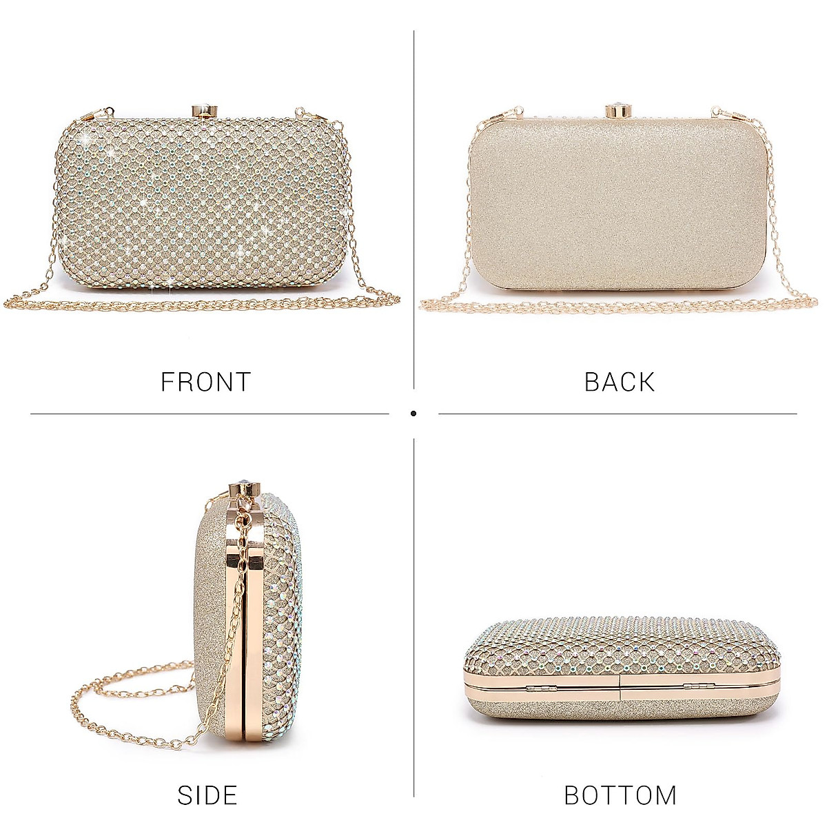 Dasein Womens Rhinestone Clutch Purse Sparkling Evening Bag with Crystal Clasp for Formal Prom Party Wedding (Gold)