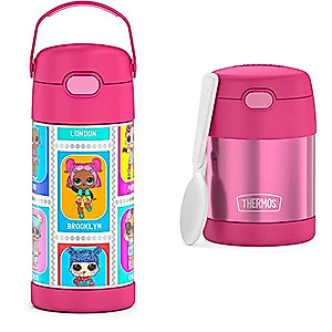 THERMOS FUNTAINER 12 Ounce Stainless Steel Vacuum Insulated Kids Straw Bottle, L.O.L Surprise & FUNTAINER 10 Ounce Food Jar, Pink with Spoon