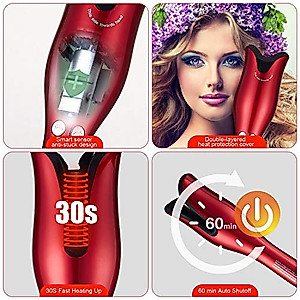 MIUOPUR Automatic Hair Curling Iron with Ceramic Ionic Barrel, Smart Anti-Stuck, Auto Rotating Hair Curling Wand with Temperature Display and Timer, Professional Hair Curler Styling Tool - Red