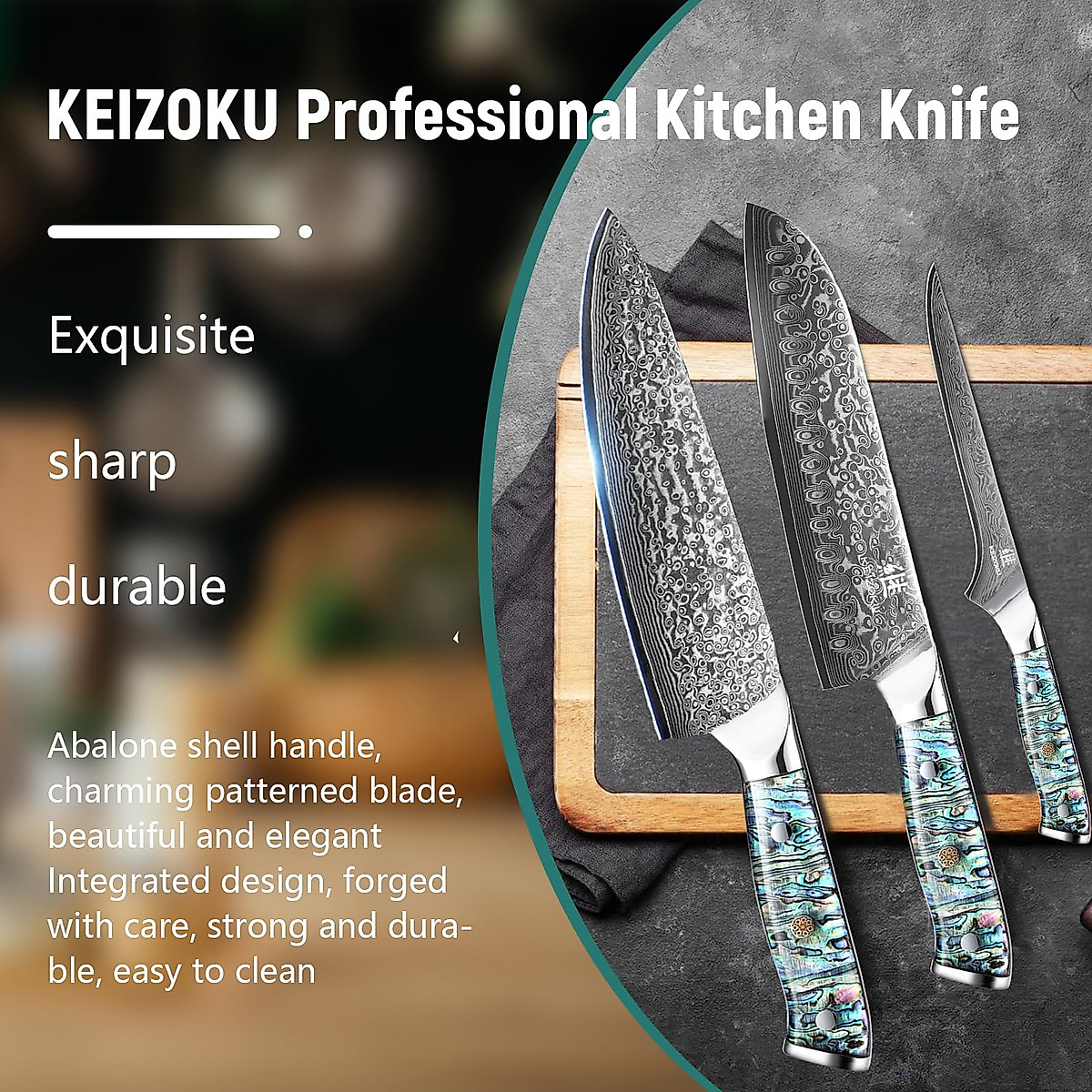 KEIZOKU Damascus Steel Santoku Knife 7 Inch, Japanese Professional 10Cr15MOV Blade with Hand Forged Hammer Pattern, Ultra Sharp Kitchen Knife with Abalone Shell Ergonomic Handle
