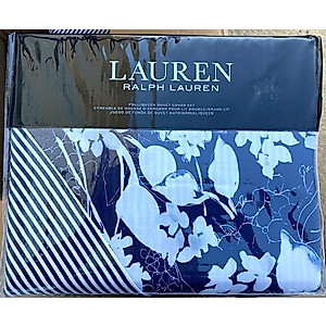 Lauren Ralph Lauren Navy Blue Floral Reese Full Queen 3 pc Duvet Cover Set Shams Grey White