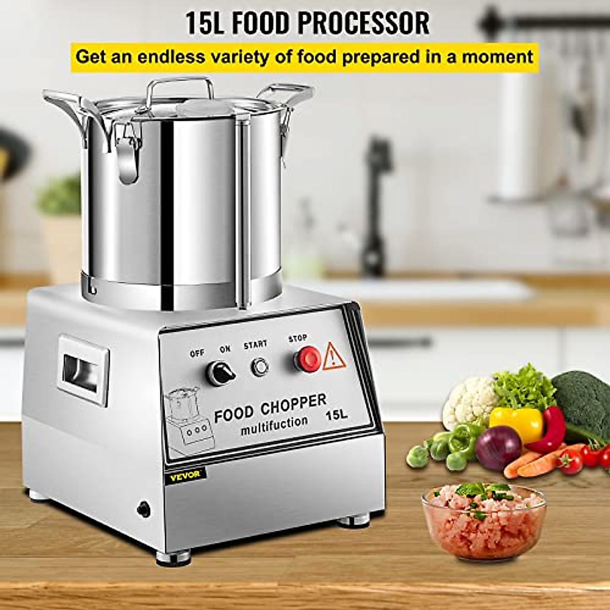 VBENLEM 110V Commercial Food Processor 15L Stainless Steel Grain Grinder 1400W Electric Food Grinder Cutter Mixer Perfect for Meat or Vegetable Stuffing, Fruit or Peanut Jam, Grain Powder