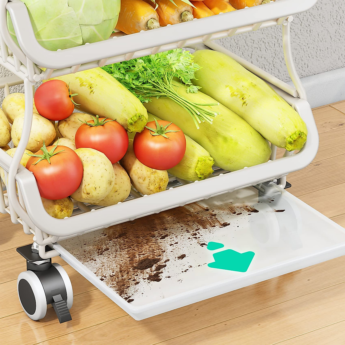 Fruit Basket for Kitchen with Wood Top 5 Tier, SAYZH Stackable Fruit and Vegetable Storage Cart, Wire Storage Basket with Wheels, Vegetable Basket Bins Rack for Onions and Potatoes, White