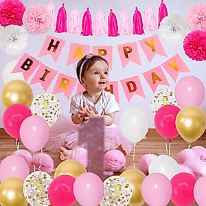 Amandir Hot Pink Birthday Party Decorations, Pink Gold White Confetti Latex Metallic Balloons with Happy Birthday Banner Paper Pom Poms Tassels Mother's Day Birthday Party Supplies for Mom Women Girls