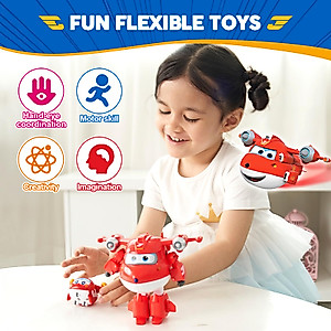 Super Wings - 5" Transforming 2-Pack Supercharged Jett & Super Pet Jett Airplane Toys | New from Season 5 | Airplane to Robot | Preschool Birthday Gifts for 3 4 5 Year Old Kids | with Light Effect