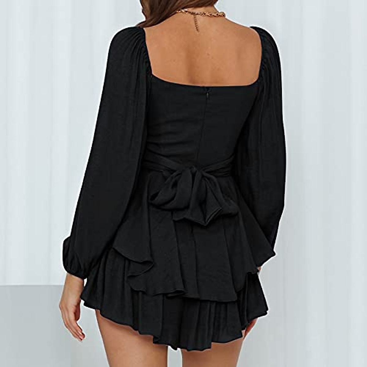 Women's Jumpsuit Lantern Long Sleeve Ruffle Layer Tie Mini Short Romper