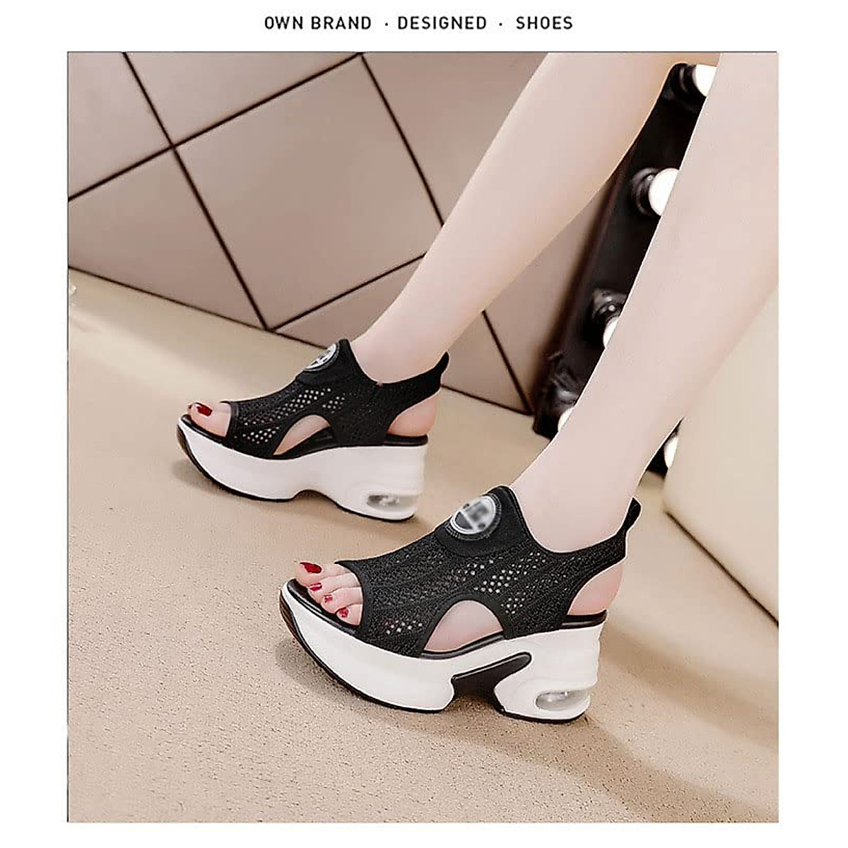 Women's Air Cushion Sneakers Hiking Outdoor Sandals Breathable Mesh Lightweight Comfortable Roman Fish Mouth Walking Shoes Anti-Slip Height Increasing Beach Sandals (Black,7.5,7.5)