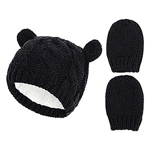 Newborn Winter Beanie Hat Gloves Set for Baby Girls Boys, Infant Toddler Warm Knitted Hat Gloves, Unisex-Baby Beanies (0-1 Months, Gray & Black)