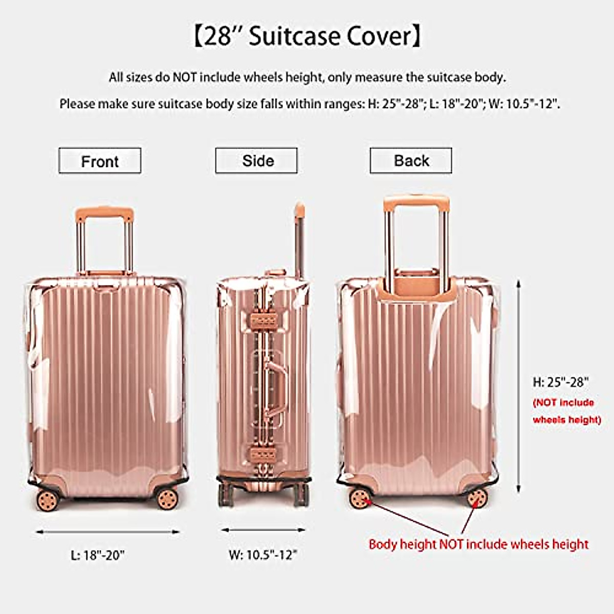 BlueCosto 28" Universal Clear PVC Luggage Cover Protector Suitcase Covers - H: 25"-28"; L: 18"-20"; W: 10.5"-12"