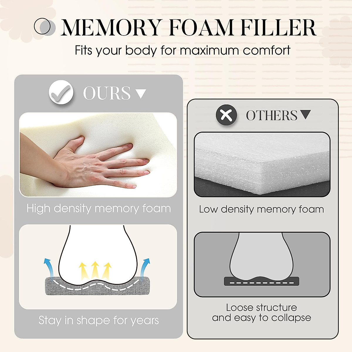 Basic Beyond Chair Cushions for Dining Chairs 4 Pack, Memory Foam Chair Cushion with Ties and Non Slip Backing, 16 x 16 inches Chair Pads for Dining Chairs(Light Grey)