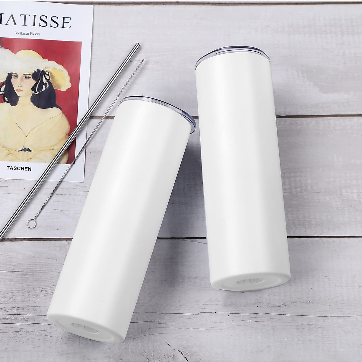 30 Oz Straight Sublimation Tumbler Blank Set, 4 Pack Stainless Steel Skinny Tumbler for Sublimation with Shrink Wrap, Insulated Skinny Slim Water Tumbler for Diy, White