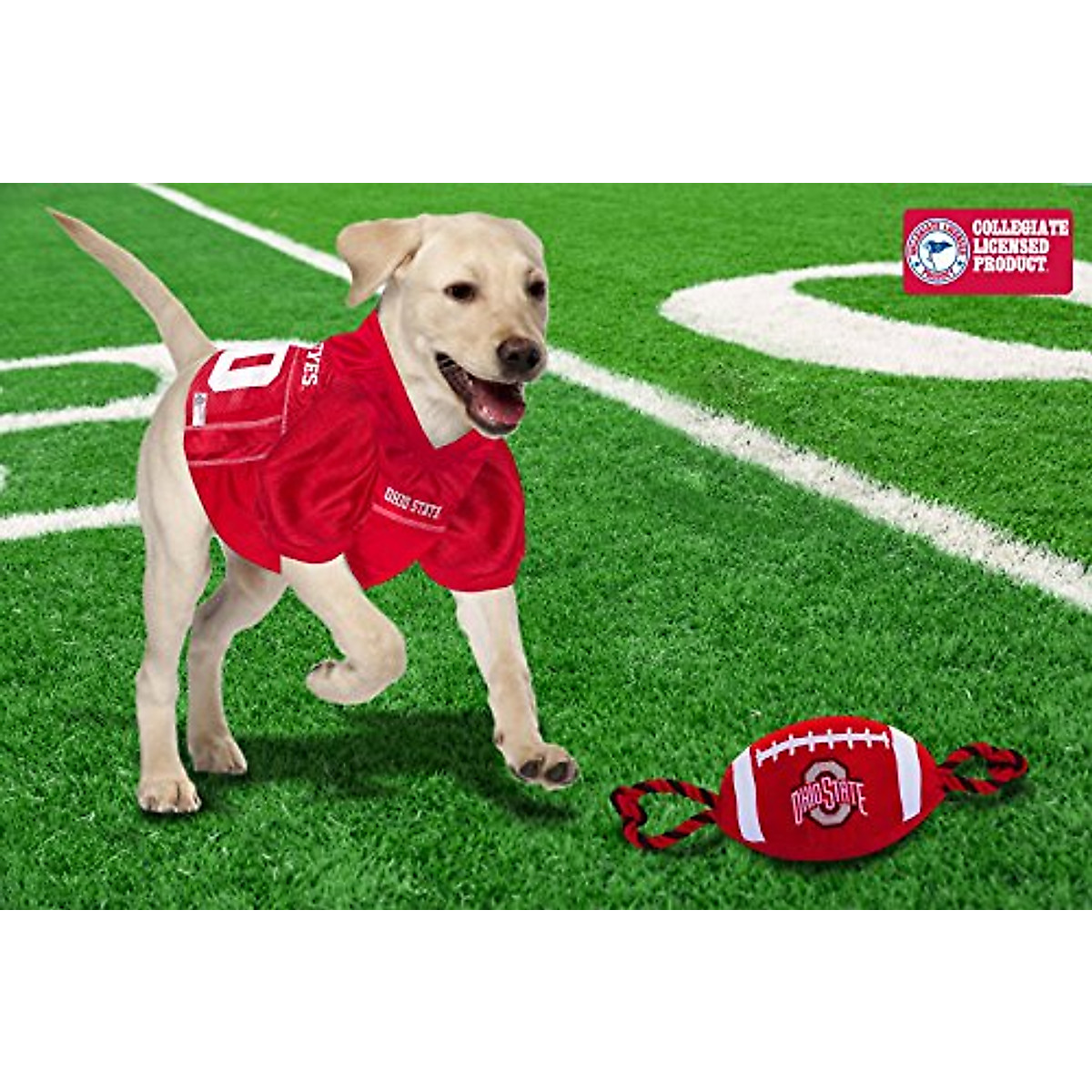 Pets First NCAA Ohio State Buckeyes Football Dog Toy, Tough Quality Nylon Materials, Strong Pull Ropes, Inner Squeaker, Collegiate Team Color (OH-3121)
