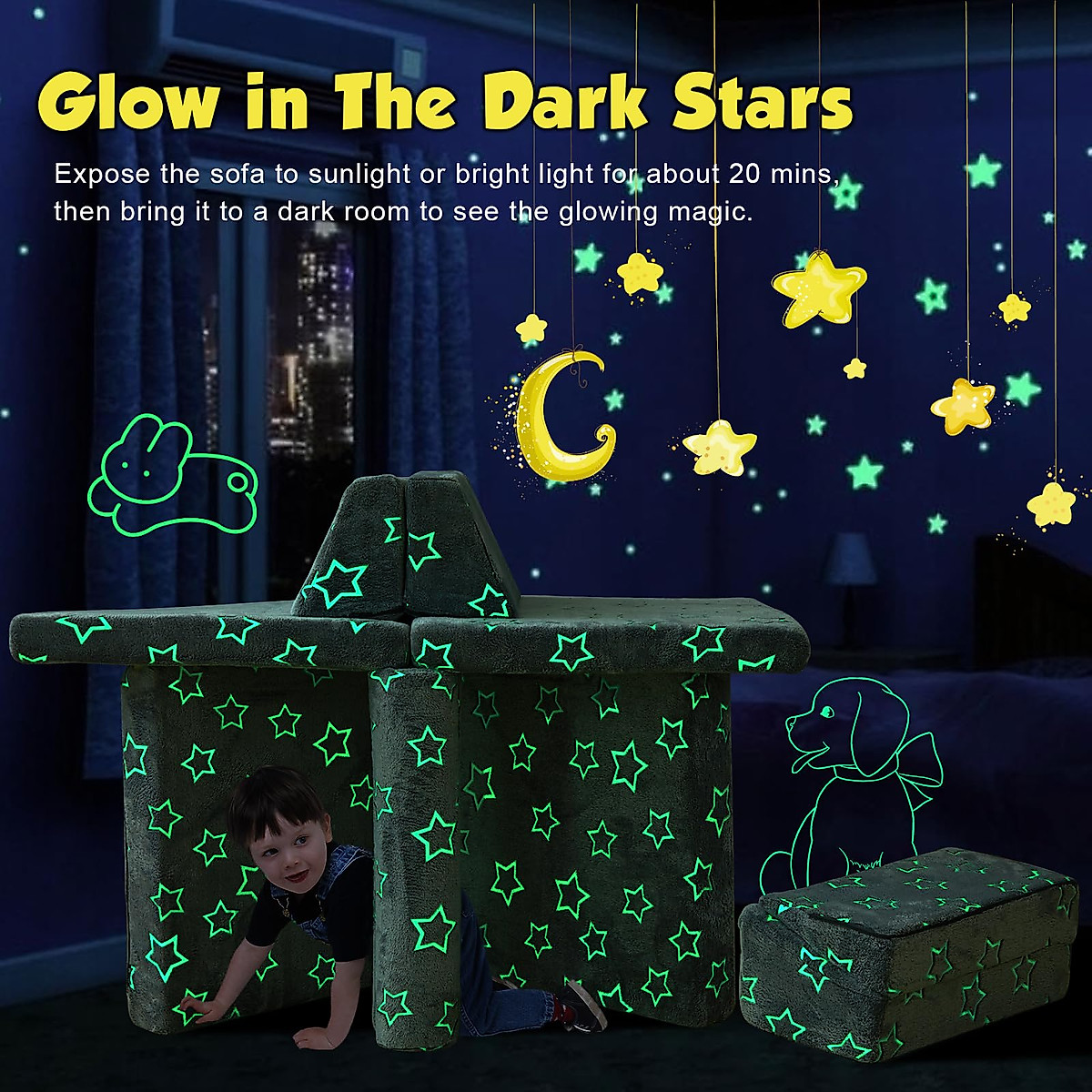 LOAOL Kids Couch Glow Toddler Couch, Modular Kids Couch for Playroom, Foam Play Couch Sofa Imaginative Playset for Boys Girls, Convertible Toddler Sofa Floor Cushion, Kids Play Couch