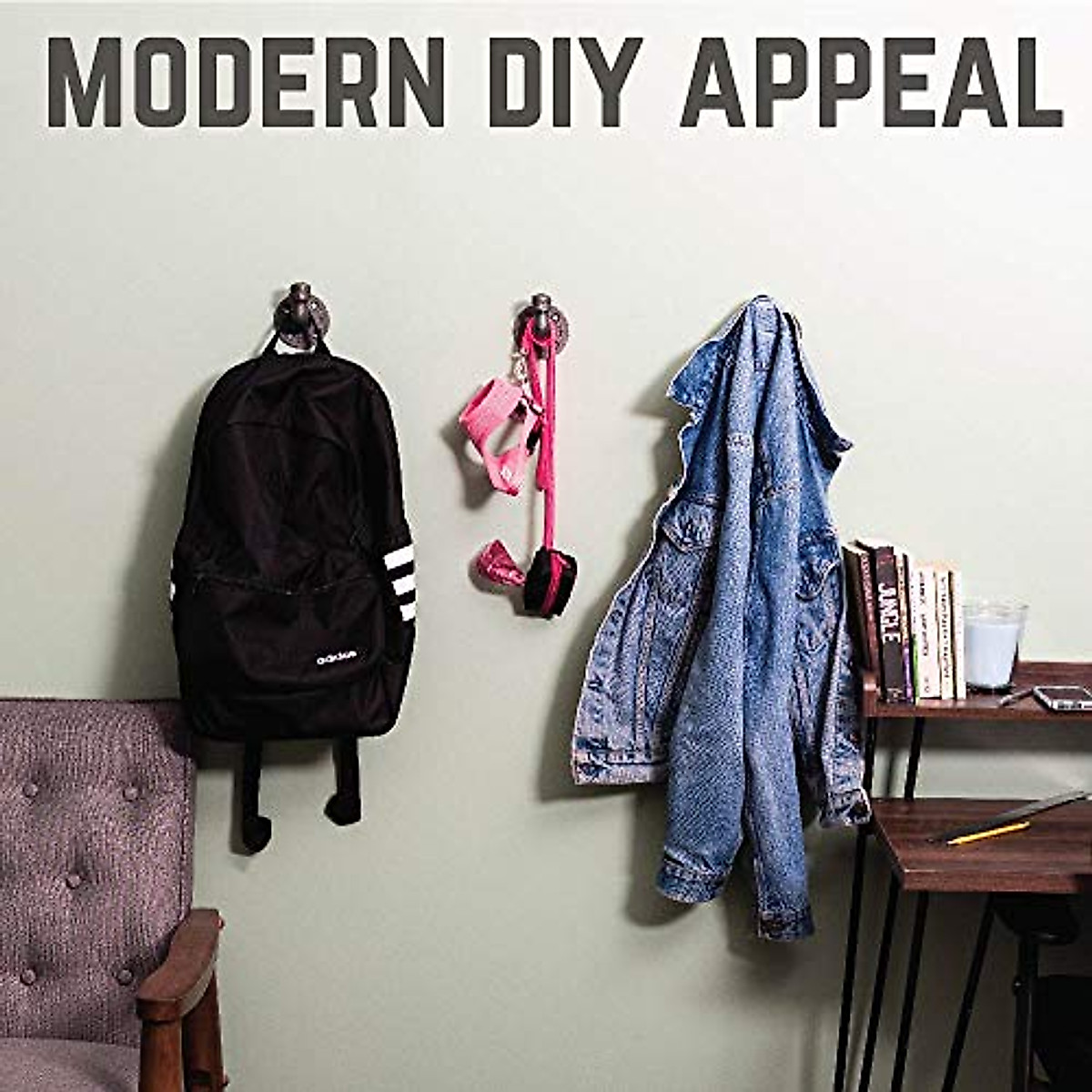 PIPE DECOR Coat Hooks Set of 3 - Industrial Heavy Duty Wall Mounted, Rustic Iron DIY Style, Steel Grey Black for Entryway, 1/2" inch Threaded Floor Flanges Fittings and Elbows