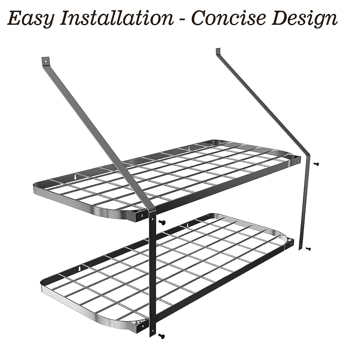 Vdomus Hanging Pot and Pan Rack - Wall Mounted Hanging Pot Rack for Kitchen Storage and Organization - Silver 2-Tier Wall Shelf for Pots and Pans Storage