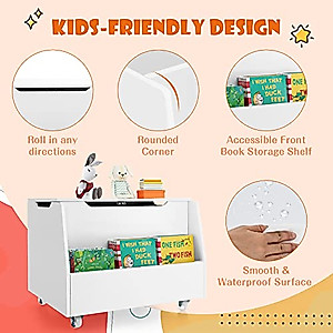 HONEY JOY Kids Wooden Toy Box, 3-In 1 Large Toy Storage Chest with Bookshelf, Flip-Top Lid, Safety Hinge & Cut-out Handle, Toddler Toy Storage Bench with Wheels, for Nursery, Bedroom, Playroom, White