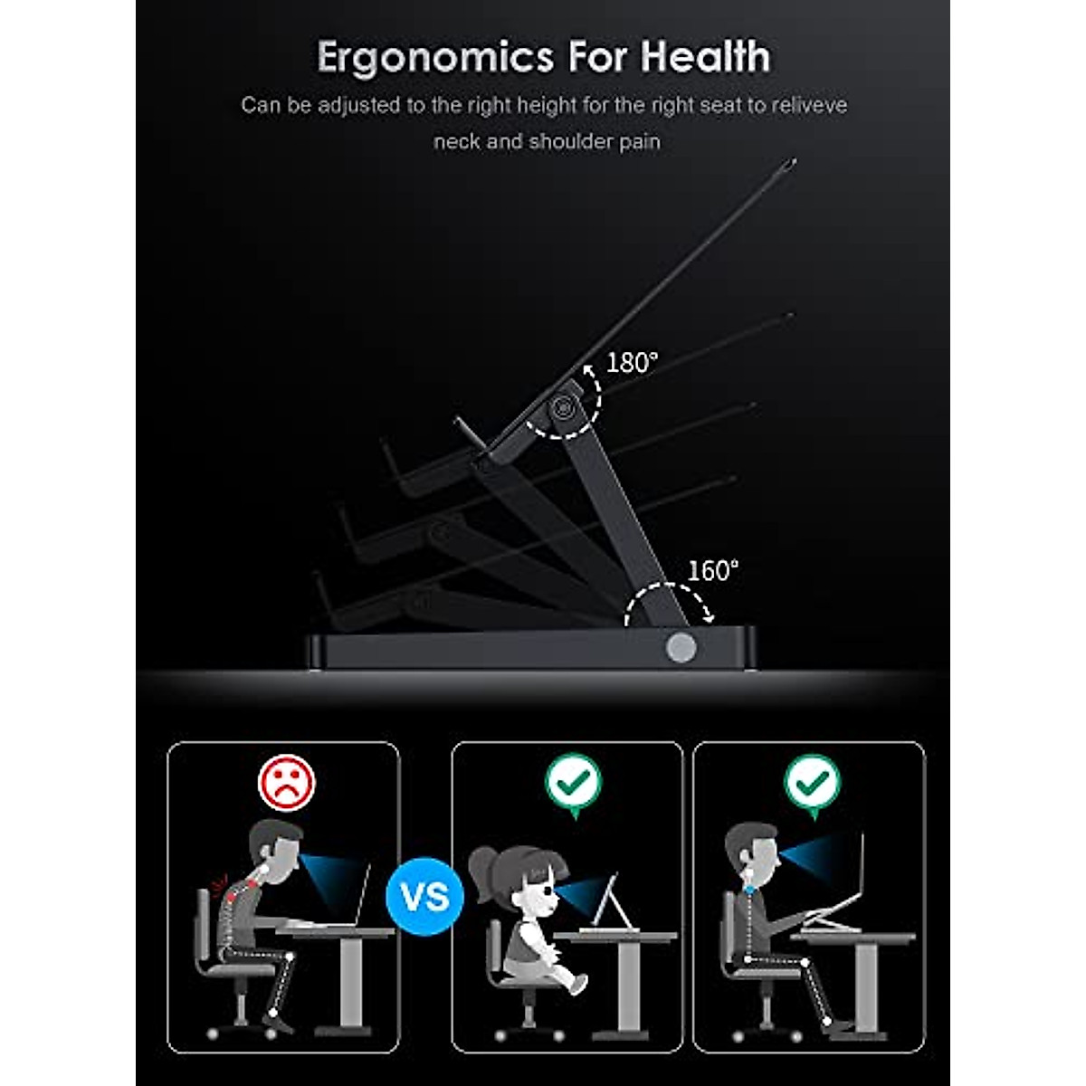 SEMIR Portable Laptop Stand, Ergonomic Notebook Stand, Adjustable Holder Riser, Aluminum Alloy Foldable Desk Stand, Compatible with MacBook , Dell , HP and More 10-15.6 "Laptops and Tablets (Black)