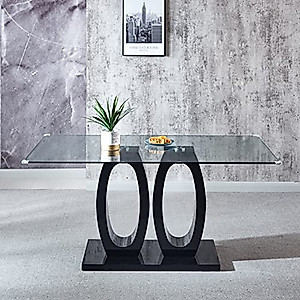 Modern Dining Table for 6, 63" Dining Room Table with Glass Top Dining Table with Black Wood Support,Glass Kitchen Table/Dinner Table for 4-6 People