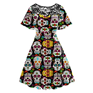 Women's Halloween Dress Day of The Dead Swing Dresses Retro Lace Rockabilly Fit Flare Dress XL