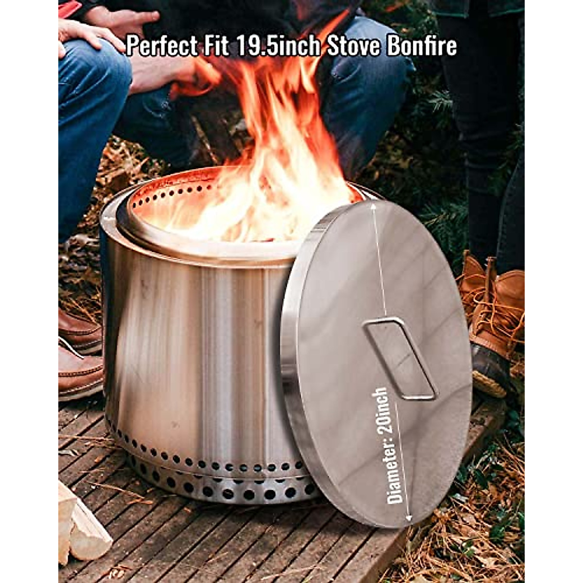 304 Stainless Steel Fire Pit Lid Fit for Solo Stove Bonfire 19.5" Fire Pit, Round Cover with Heat Resistant Handle, Outdoor Fire Pits Wood Burning and Camping Accessories