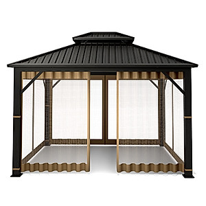 Hugline 5x8 Outdoor Grill Shelter Canopy Top L-GG001PST-F (Brown)+ Mosquito Netting 10' x 10' Outdoor Mesh Netting Screen 4-Panel Sidewall Curtain with Zipper (Khaki)