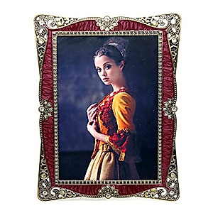 LXZ Vintage Retro Brass Plated Metal Picture Frame Decorated with Crystals - Clear Glass Front Cover - Tabletop Display Vertically or Horizontally, Size 5 x 7 Inches