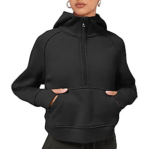 LASLULU Womens Fuzzy Cropped Hoodies Sport Athletic Zip Up Stand Collar Sweater Fleece Lined Sweatshirt Long Sleeve Pullover Tops Pockets(Black Small)