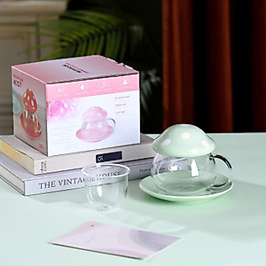 Hyltd Mushroom Tea Cup Mushroom Mug Cute Glass Tea Cups Mushroom Cup Mushroom Tea Mug with Filter Lid Coaster 9.6 Ounces (Green)