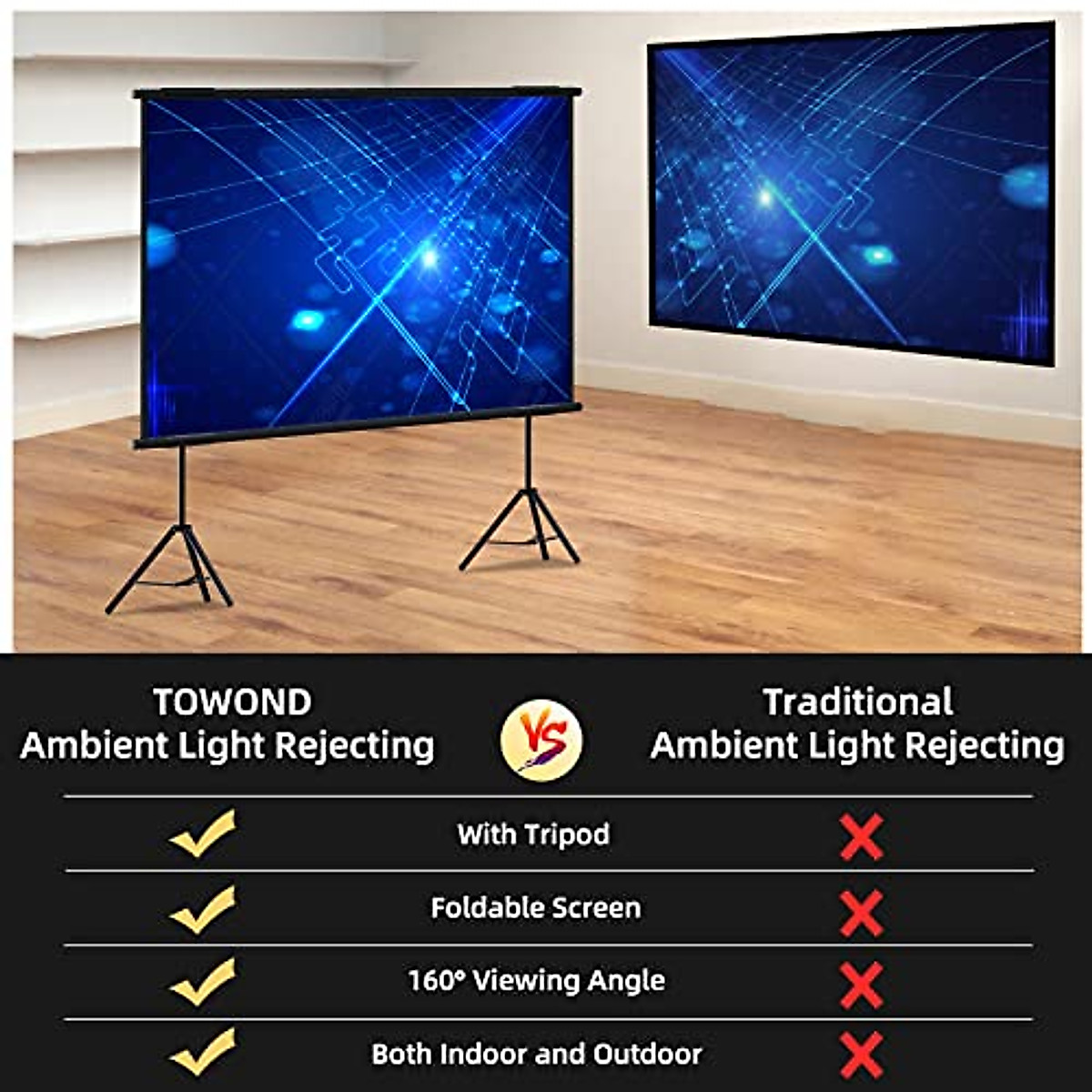 Projector Screen and Stand,TOWOND 120 inch Ambient Light Rejecting Screen Outdoor Indoor,Portable 16:9 4K HD Front Anti-Wrinkle Movie Screen with Carry Bag for Home Theater Backyard Cinema