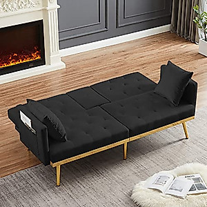 Futon Sofa Bed with Cup Holder, JEEOHEY 69" W Convertible Sleeper Sofa with 6 Metal Golden Legs & 2 Pillows & 2 Pockets, Small Loveseat Sofa w/Split back for Living Room, Apartment, Small Space, Black